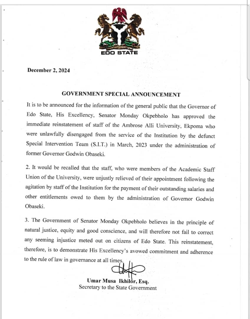 Gov Monday Okpebholo, Has Authorised The Immediate Reinstatement Of ...